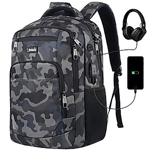 Paude 17 inch Travel Business Backpack for Men,College Backpack School Bookbag for Teens,Laptop Bookbag with USB Port and Headphone Hole,Camouflage Black