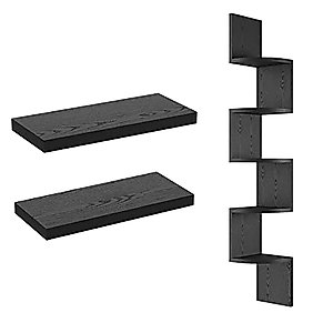 Bundled Black Floating Shelves of GREENDEW Wood Shelves Invisible Mounted (Set of 2) and Corner Wall Shelf 5-Tier for Living Room, Bedroom, Bathroom, Kitchen, Office Storage