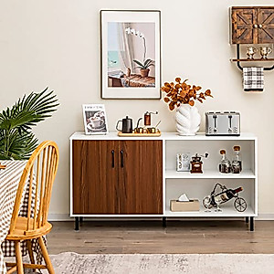 Giantex Buffet Sideboard, Modern Storage Cabinet with 2 Doors and Open Shelves, 58” Kitchen Cupboard with Metal Legs, Coffee Bar Cabinet for Kitchen, Living Room, White & Walnut