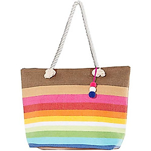 PIER 17 Women's Beach Bags | Extra Large Striped Straw Shoulder Tote with Rope Handle Zipper Closure Inner Pockets
