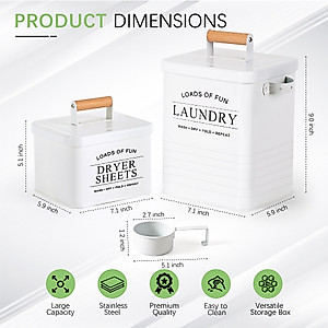 Candco 2 Pcs Farmhouse Laundry Pods Container with Dryer Sheet Holder, Metal Laundry Room Organization and Storage with Scoop, Laundry Detergent Container Laundry Room Decor