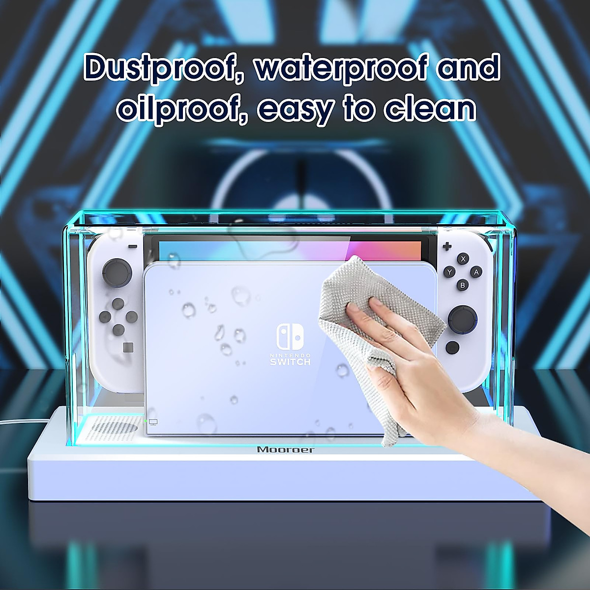 Mooroer Dust Cover with 16 LED Colors Light Base for Nintendo Switch/OLED, Acrylic Clear Display Box Anti-Scratch Waterproof Slim Dock Case, Cool Switch Accessories