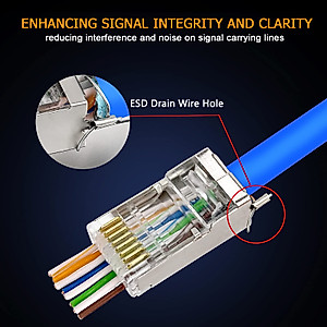 AOWIZ RJ45 Cat6a Cat6 Connector Grounded Ethernet Plug Gold Plated 8P8C Ends with External Grounding Buckle 50 Pack