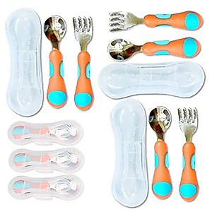 Kids Utensils Toddler Silverware Set x 3 - Stainless Steel Fork Spoon with Travel Case. Metal Cutlery for 1 2 3 4 years old Baby Boy Girl, Round Handle for Lunch-Box, 6 Pieces Orange Blue