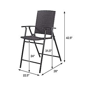 Giantex Set of 4 Folding Wicker Rattan Bar Chairs High Stool with Back Steel Frame Portable Outdoor Indoor UV Resistant Barstools Garden Patio Furniture Set w/Armrests Footrest