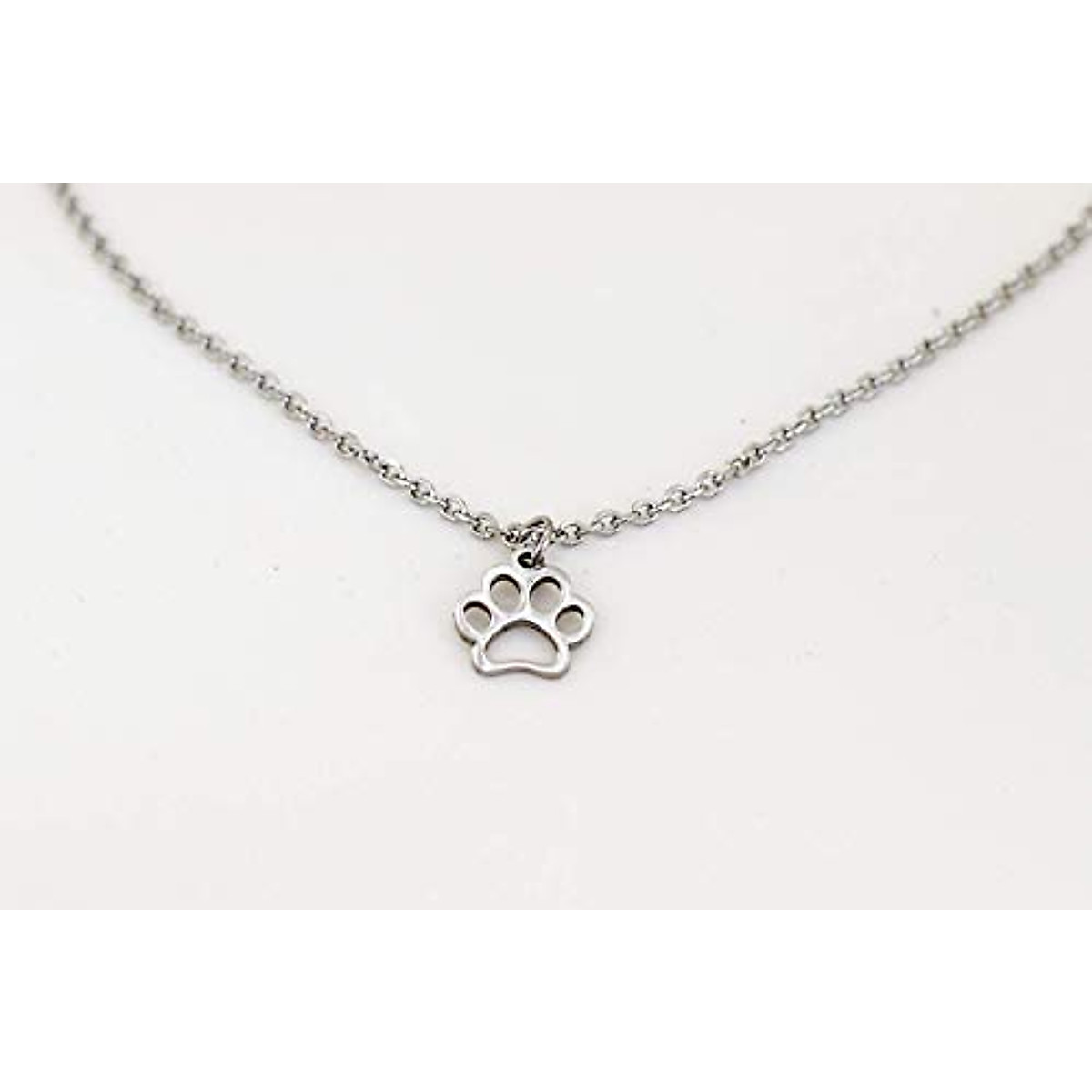 Silver paw necklace, dog paw outline pendant, silver tone stainless steel chain necklace, gift for her, animal cat jewelry, Layering necklace, pet lover, waterproof