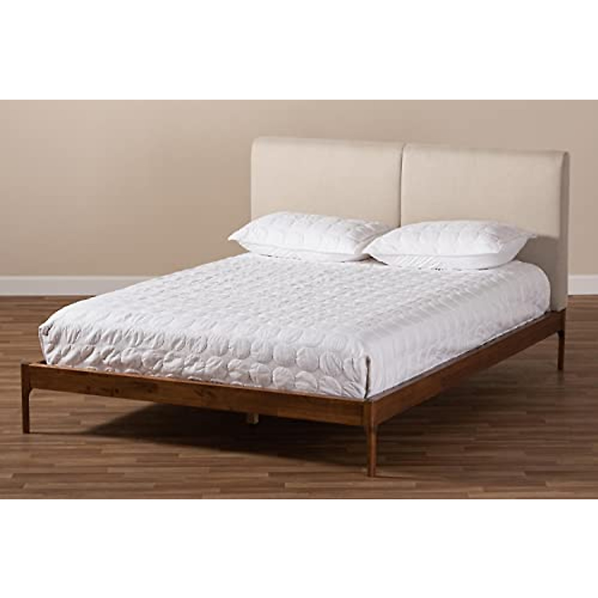 Baxton Studio Aveneil Mid-Century Modern Beige Fabric Upholstered Walnut Finished King Size Platform Bed