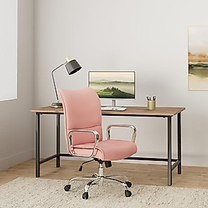 MFD LIVING Home Office Chair, Modern Upholstered Mid-Back PU Leather Task Desk Chair with Arms, Adjustable Rocking Swivel Computer Chair with Wheels (Pink)