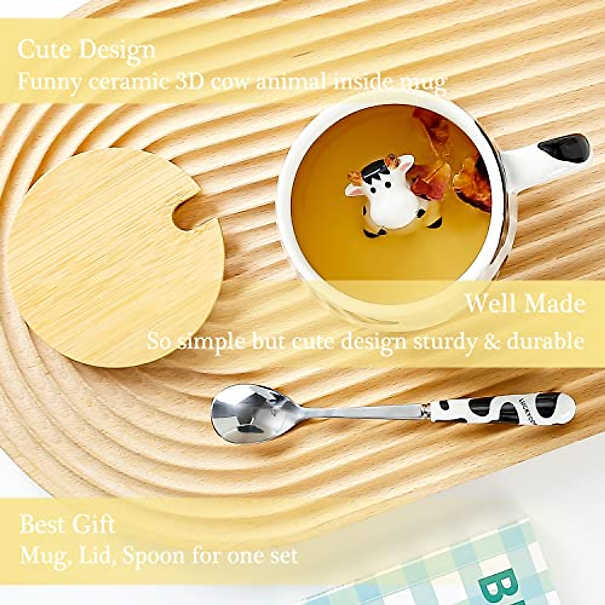 BigNoseDeer Cute Ceramic Cow Coffee Mug with 3D Animal Inside Kawaii Tea Cup with Spoon and Lid Cow Print Stuff Christmas Gifts Birthday Mother's Day Cute Gifts for Women Kids 12oz (Cow)