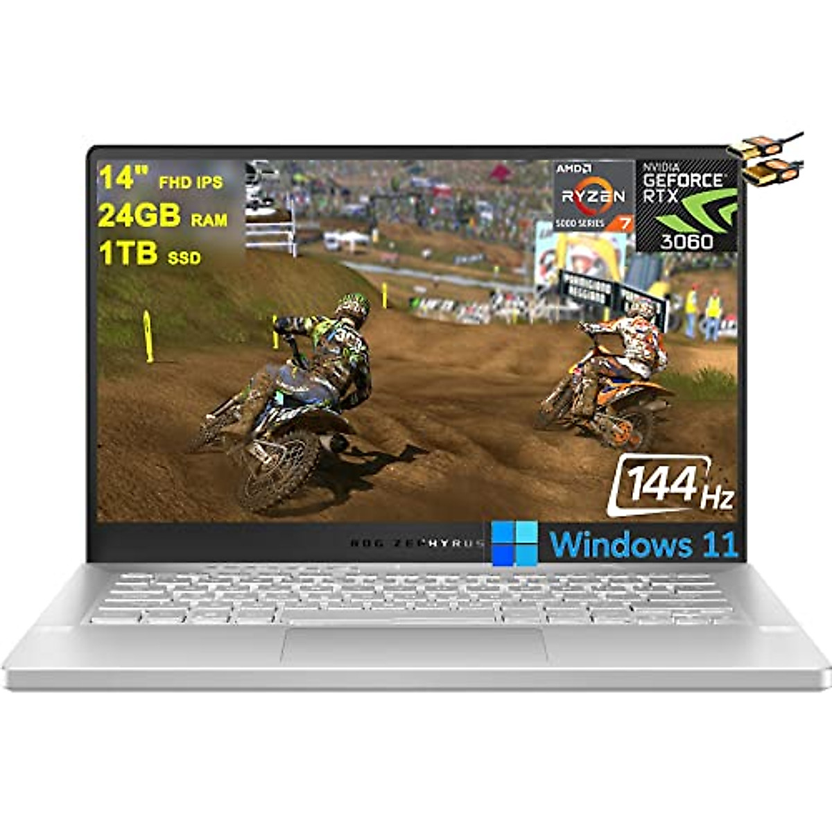 ASUS ROG Zephyrus G14 Gaming Laptop 14" FHD IPS 144Hz Display AMD Ryzen 5000 Series Octa-Core Ryzen 7 5800HS (Beats i7-11370H) 24GB RAM 1TB SSD GeForce RTX 3060 6GB Backlit USB-C Win11 + HDMI Cable