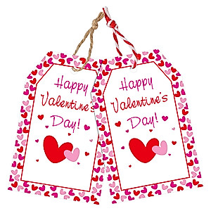 100Pcs Pink Valentine's Day Gift Tags with String, Chamfer Happy Valentine's Day Paper Hangtags, Personalized Gift Tags for Gift Wrap, Valentine's Day Party and Celebrations Decorations(3.34"x2.16")