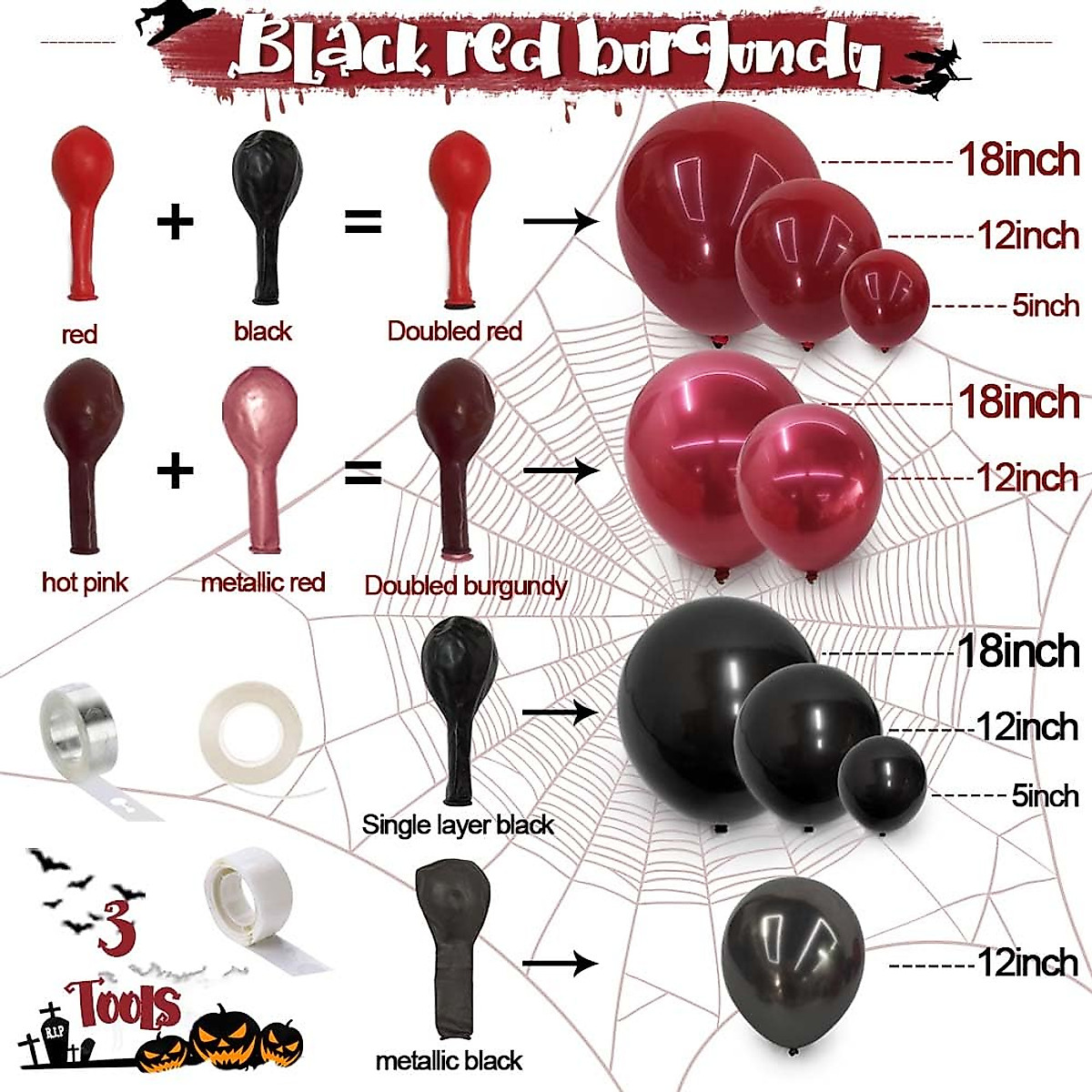 Black Red Balloons Black Burgundy Balloon Garland Metallic Black Balloon Arch Kit Thick Double Stuffed Balloons for Gothic Vampire Till Death Do Us Rip To Twenties Halloween Birthday Party Decorations