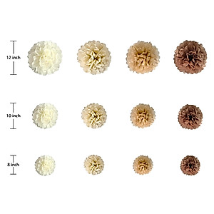 ZOOYOO Brown Paper Pom Poms, Caramel Party Decorations Boho Ivory Beige White Tissue Paper Pom Poms for Rustic Neutral Birthday Western Graduation Birthday Wedding Baby Shower 12PCS