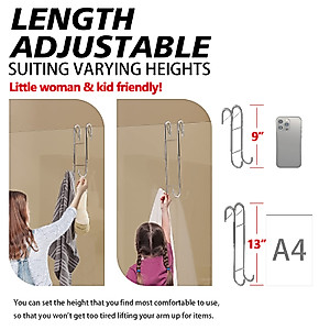 Shower Door Towel Hooks - 9"~13" Length Adjustable Hook for Framed & Frameless Over The Door Glass, Squeegee Holder, Towels Hanger for Bath Suits Rozer Robes Loofahs Shavers, 2-Pack Silver