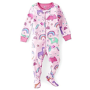 The Children's Place Baby Girls' and Toddler Snug Fit 100% Cotton Zip-Front One Piece Footed Pajama, Dinocorns