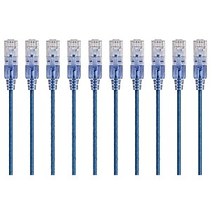 Monoprice - 115154 SlimRun Cat6A Ethernet Patch Cable - Snagless RJ45 UTP Pure Bare Copper Wire 10G 30AWG 3ft Blue 10-Pack