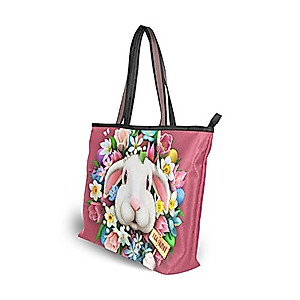 My Daily Women Tote Shoulder Bag Bunny Rabbit Flower Easter Handbag Large