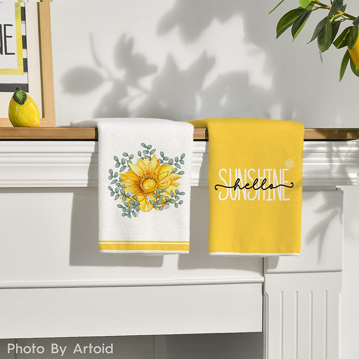 Artoid Mode Eucalyptus Leaves Sunflower Summer Kitchen Towels Dish Towels, 18x26 Inch Hello Sunshine Holiday Decoration Hand Towels Set of 2
