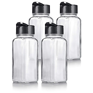 4 oz / 120 ml Clear Glass Square Spice Jar with Black Sifter (4 pack) - Two Sided Sifter Cap (shaker holes/pour open) and Freshness Seal for a professional look