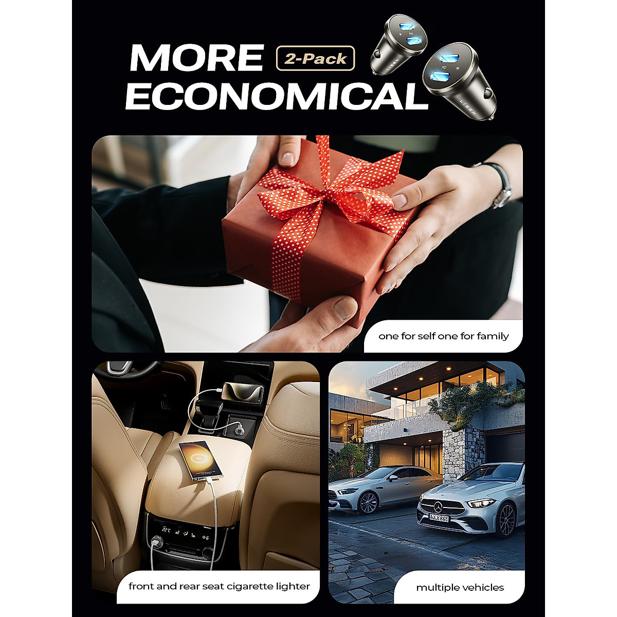 LISEN USB C Car Charger Fast Charging 60W 2-Pack Type C Car Phone Charger Mini&Metal USB C Cigarette Lighter Adapter for Ipad Pro iPhone 15 Pro Max Plus Apple Ipad Pro Samsung Galaxy S24 Google Pixel