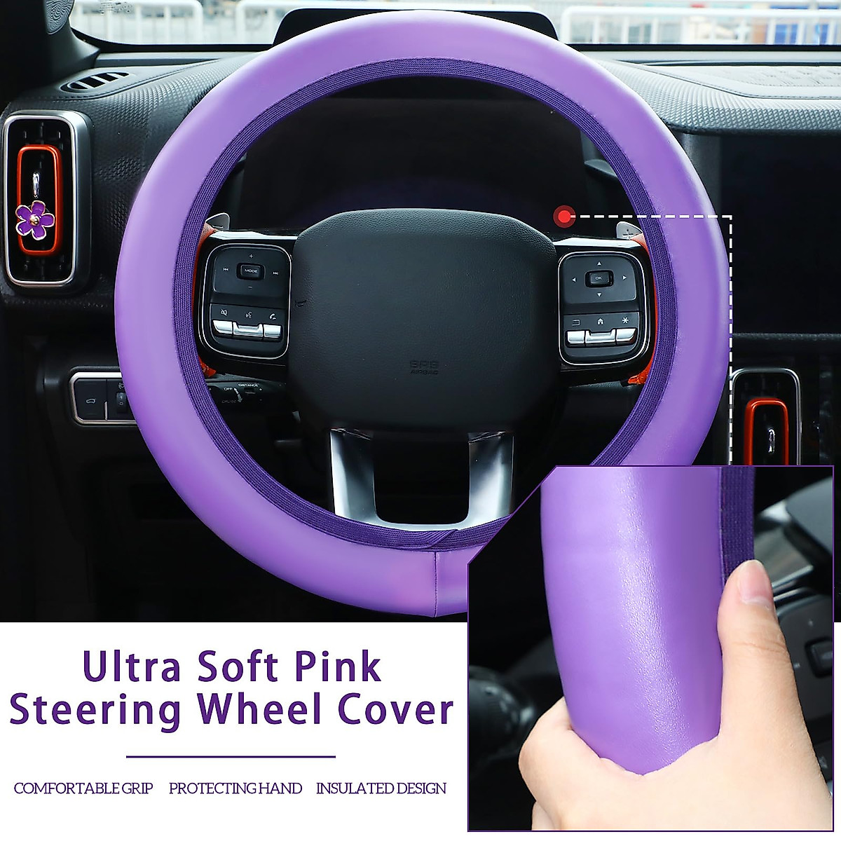 Frienda 10 Pcs Leather Steering Wheel Cover Set for Women 14.5-15 Inch Car Accessories with Seat Belt Shoulder Pad Seatbelt Cover Cup Holder Start Button Ring Sticker Air Vent Clip(Purple)