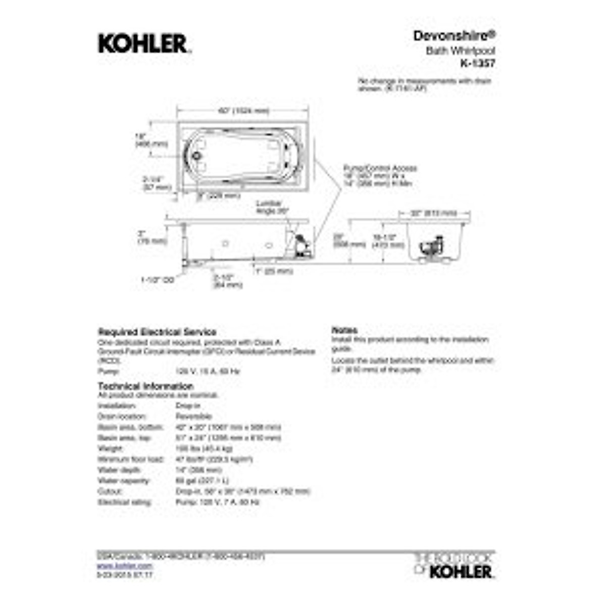 KOHLER 1357-0 Devonshire 60" x 32" Drop-In Whirlpool Bathtub with Reversible Drain, Whirlpool Tub with 8 Adjustable Jets, White