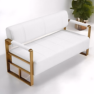 RIDFY Mid-Century Modern Faux Leather Loveseat Sofa with Golden Metal Arms, 2 Seat Leather Futon Couch Armchair for Small Spaces, Living Room, Office, Apartment (White)