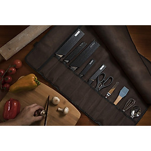 Asaya Canvas Chef Knife Roll Bag - 10 Knife Slots and a Large Zipper Pocket - Durable 10oz Canvas Knife Case with an Adjustable Shoulder Strap - Knives not Included