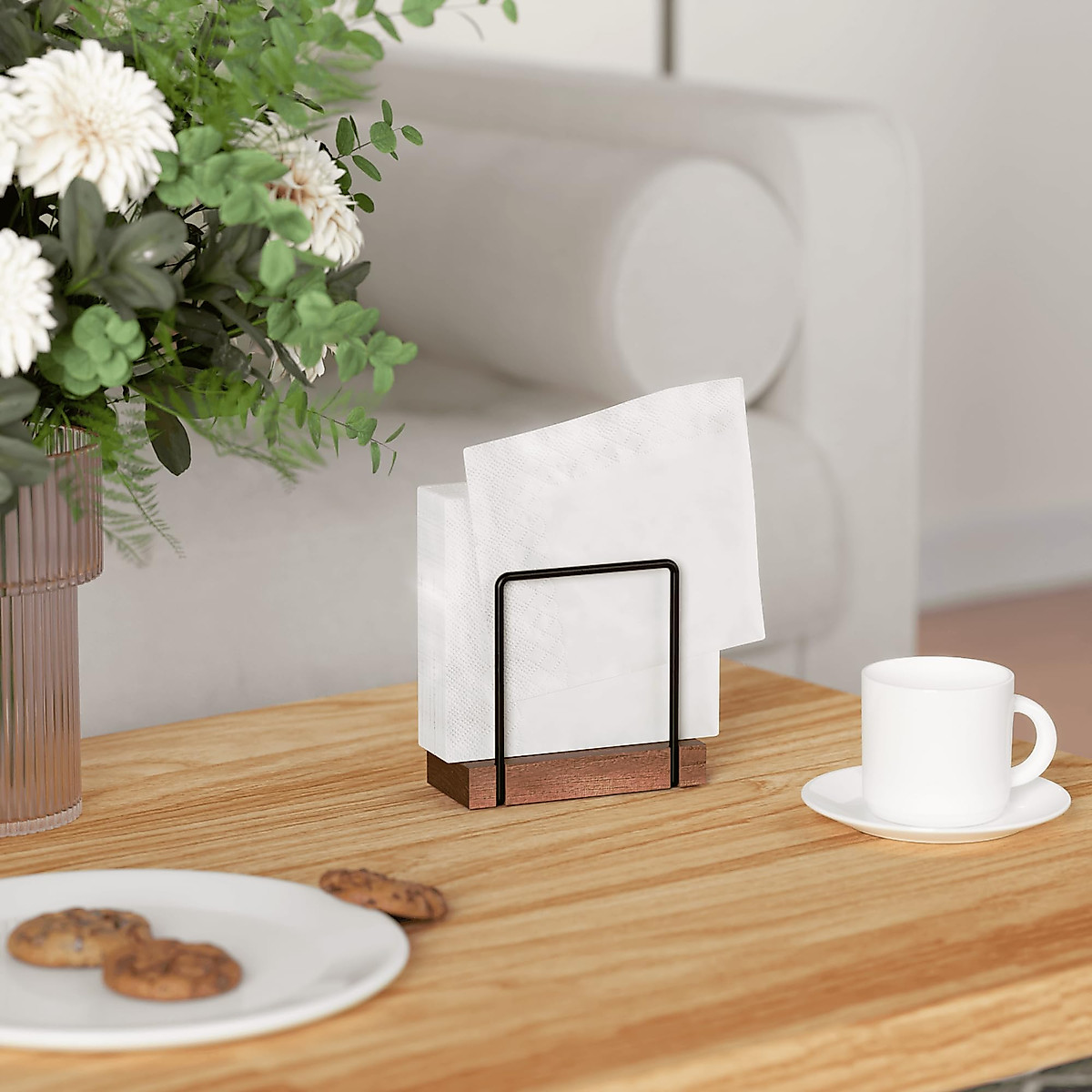 Napkin Holder for Table, Farmhouse Wood Standing Napkin Dispenser for Kitchen Dining, Modern Metal Napkin Holder for Table Picnic Coffee Bar, Napkin Holders Suitable for Dining Room Decors - Brown