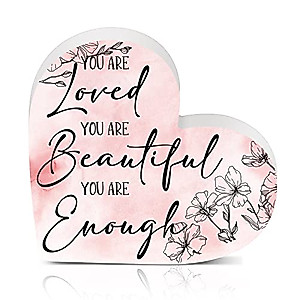 Pink Wooden Decoration for Teen Girls Inspirational Bedroom Table Decor You Are Loved You Are Beautiful You Are Enough Sign Floral Desk Ornament for Birthday Gift Graduation Gift Office Business Gift