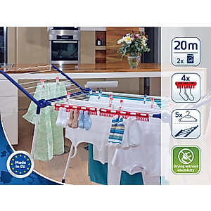 Leifheit Pegasus 200 Solid Standing Clothes Airer with Accessories, Folding Clothes Rack for Outdoor and Indoor, 20 m Clothes Horse with 4 Clips for Drying Small Items and 5 Hangers [Amazon Exclusive]