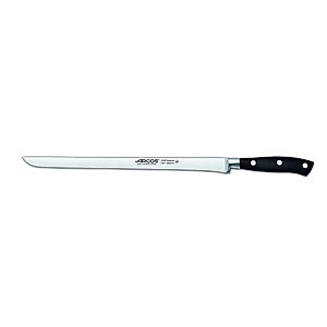 ARCOS Slicing Knife / Ham Knife 12 Inch Nitrum Stainless Steel and 300 mm blade. Ergonomic Polyoxymethylene POM Handle.Series Riviera. Elegant design, along with the comfort of its handle. Color Black