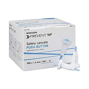 McKesson Prevent HP Safety Lancets, Sterile, Push-Button, 28 Gauge, 1.6 mm, 100 Count, 1 Pack
