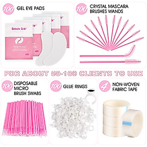 4x100 Lash Tech Stuff Supplies Kit, Beauty Star Eyelash Extension Supply Essentials, 100 Pairs Under Eye Gel Pads, 100 Mascara wands, 100 Micro Applicators Brush, 100 Glue Ring Holder, 4 Lashing Tape