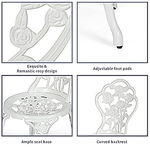 Giantex 3 Piece Bistro Set, Cast Aluminum Porch Furniture, Outdoor Patio Dining Table and Chairs with Umbrella Hole for Balcony Backyard Garden Poolside (White Rose Pattern)