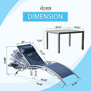 Domi Pool Lounge Chairs Set of 3, Adjustable Aluminum Outdoor Chaise Lounge Chairs with Metal Side Table, All Weather for Deck Lawn Poolside Backyard -Navy Blue Textilene