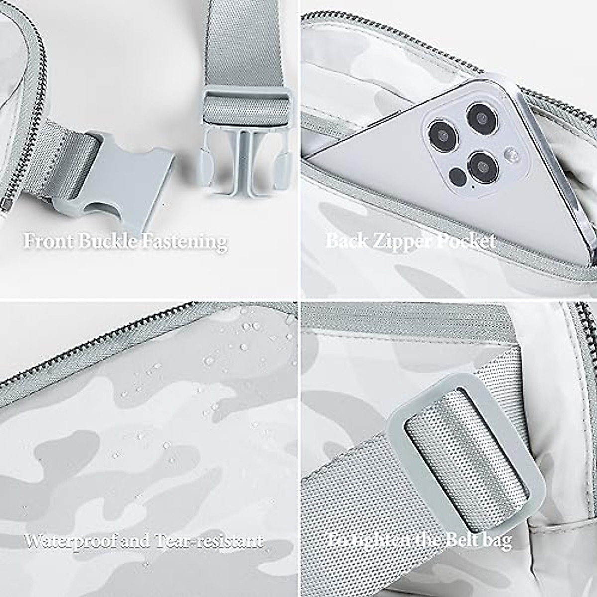 ODODOS Unisex Mini Belt Bag with Adjustable Strap, Pattern Small Fanny Pack for Workout Running Traveling Hiking, White Camo