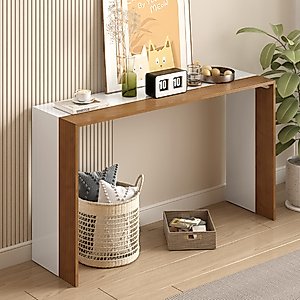Color-Blocked Console Table, Modern Minimalist Style Sofa Table for Entrance, Hallwayand Living Room, White and Brown