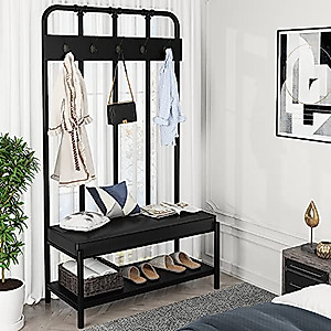 Allewie Coat Rack Shoe Bench, 76" Freestanding Hall Tree, Entryway Bench with Storage Shelves, Upholstered Sponge-Padded Seat, Organized with 5 Hooks, Industrial Accent Furniture, Easy Assembly, Black
