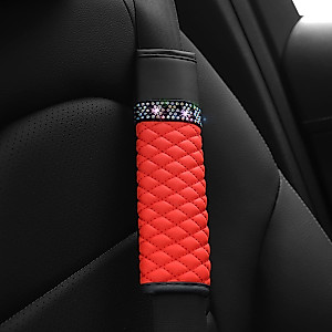 AICEL 2 Pcs Auto Seat Belt Cover, Sparkling Rhinestone Shoulder Strap for a More Comfortable Driving, Harness Pads Protect Your Neck, Accessories Compatible with All Cars and Backpack (Red)