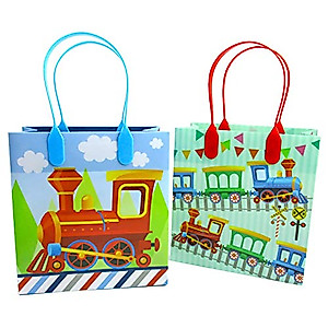 TINYMILLS Train Party Favor Bags Treat Bags Kids Birthday Party Goody Bags with Handles for Boys Girls, 12 Pack Chugga Chugga Two Two Party
