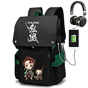 KQNFFN Anime Cosplay Backpack Black Daypack Polyester USB Laptop Backpack for for Anime Fans Boys Girls Kids (Green)