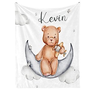 Teddy Bear Sits on Moon Personalized Baby Blanket for Baby Girl Boy, Custom Name Soft Warm Newborn Throw Blanket 30X40 in