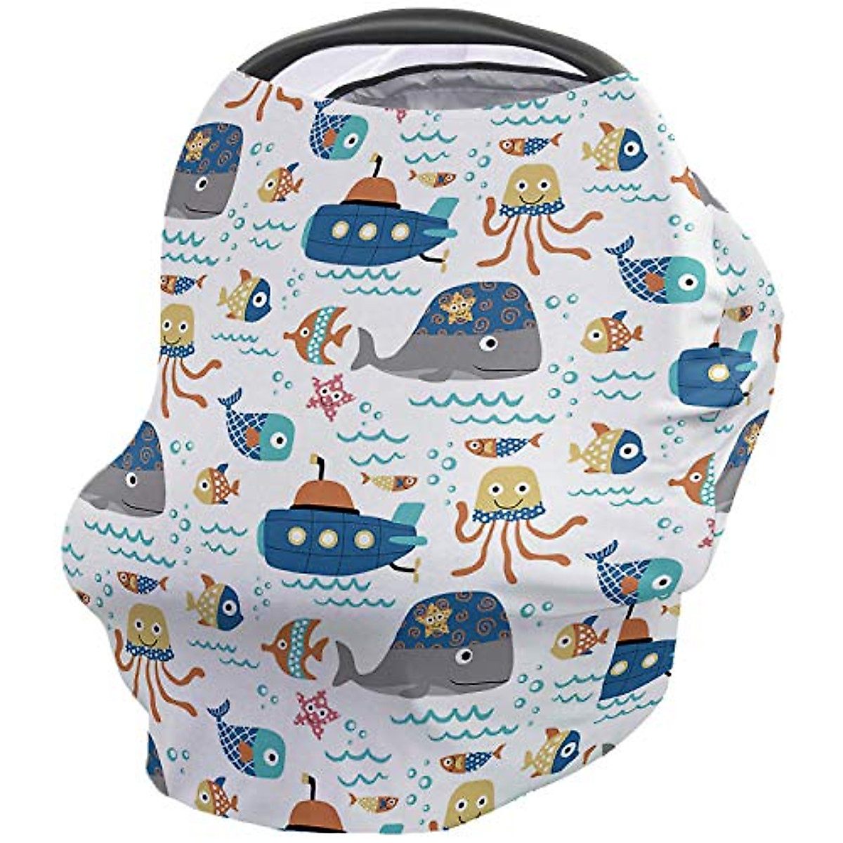 Baby Car Seat Nursing Cover for Breastfeeding Scarf, Ocean, Ultra Soft Breastfeeding Covers Poncho Canopy for Boy Girl, Infant Stroller Cover, Sea Creature Submarine