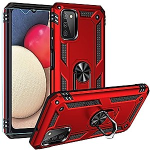 PUSHIMEI for Samsung Galaxy A03S Case with HD Screen Protector (Military Grade 16ft. Drop Tested) Magnetic Ring Holder Kickstand Protective Phone Case for Samsung Galaxy A03S, Red