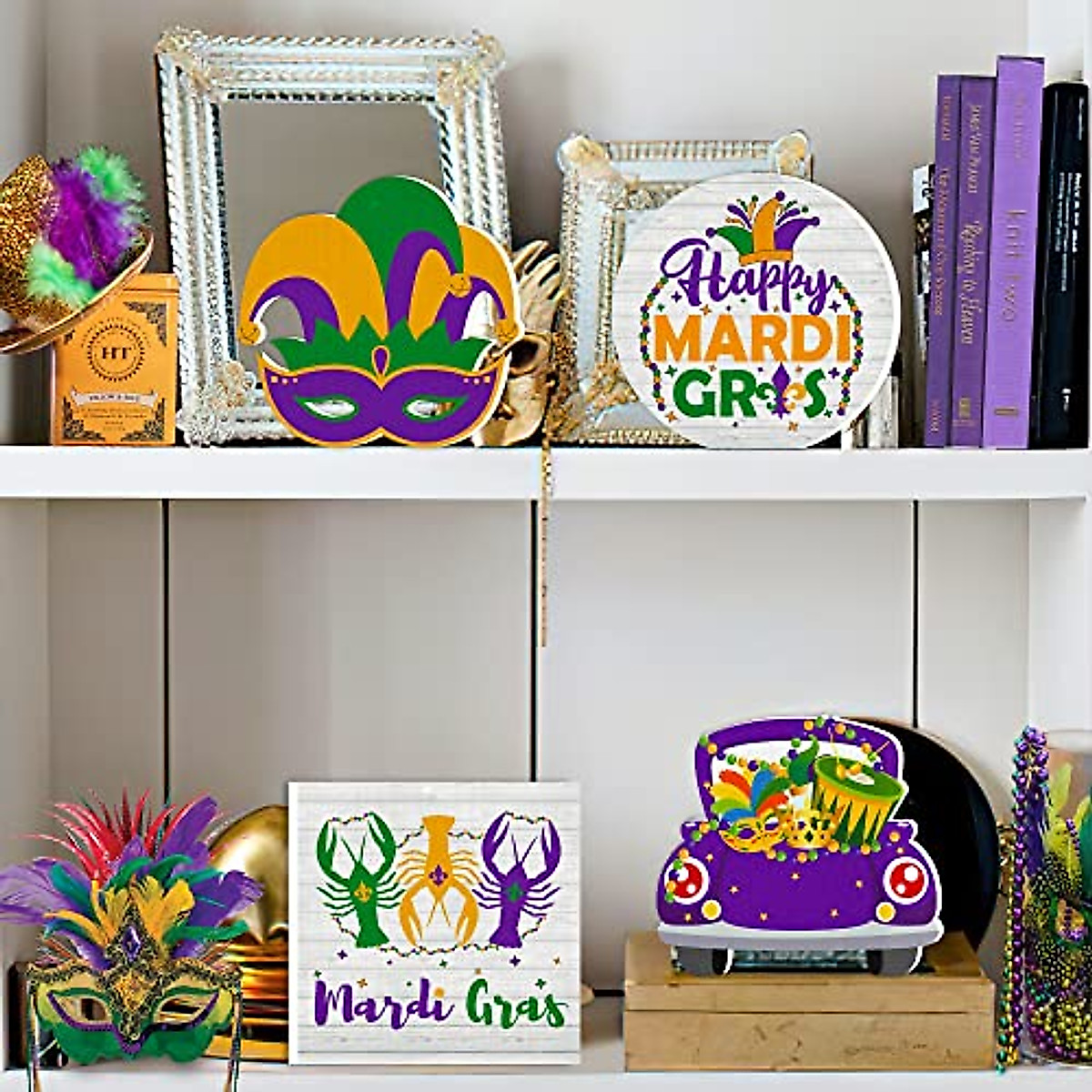4 PCS Mardi Gras Tiered Tray Decor (Tray Not Included) - Mardi Gras Wooden Sign Decorations Crown Mask Truck Wood Table Signs New Orleans Carnival Holiday Masquerade Party Decor for Home Kitchen