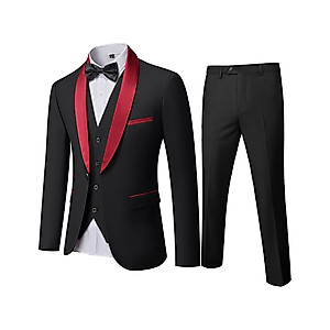 YND Men's 3 Piece Slim Fit Tuxedo Suit Set, One Button Shawl Collar Solid Business Blazer Jacket Vest Pants with Bow Tie, Maroon Collar Black