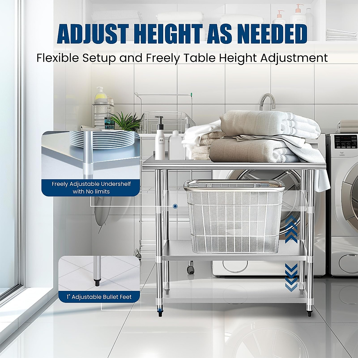 Chingoo Stainless Steel Table 24 x 30 Inches Metal Prep Table with Backsplash & Adjustable Undershelf, Stainless Table for Commercial Kitchen, Outdoor, Restaurant, Hotel & Garage