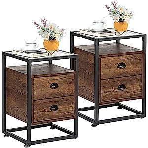 VECELO End Table, Modern Nightstand with Drawer, Night Stand Set of 2 for Bedroom Living Room,Tempered Glass, Brown/2pcs