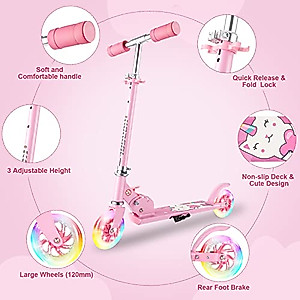 Scooter for Kids Ages 3-12 - Kids Kick Scooters with Led Light Up Wheels & 3 Levels Adjustable Handlebar, Lightweight Foldable 2 Wheel Girly Pink Scooter, Christmas Birthday Gifts for Girls Boys.